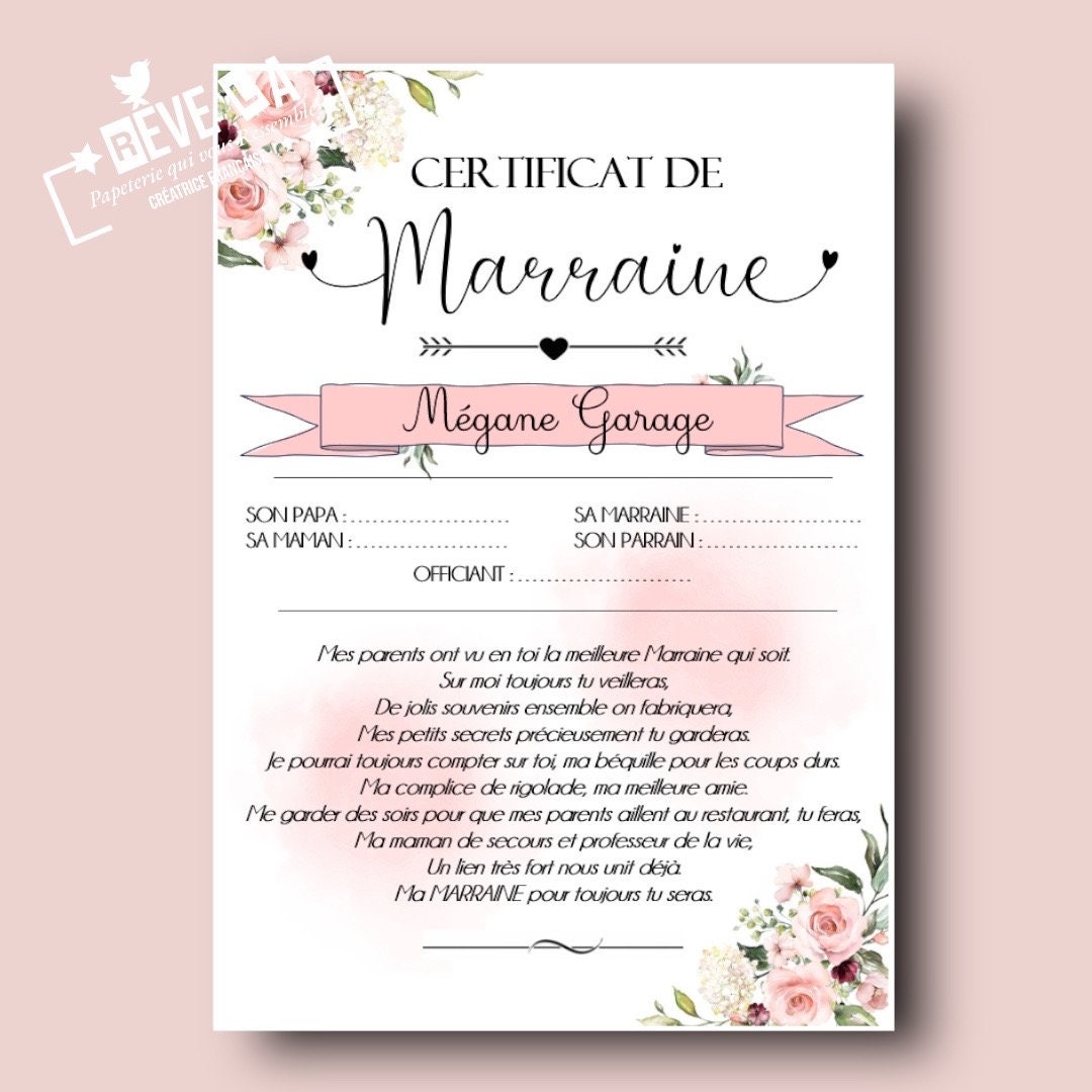 Certificat de Parrain ou Marraine - Etsy France