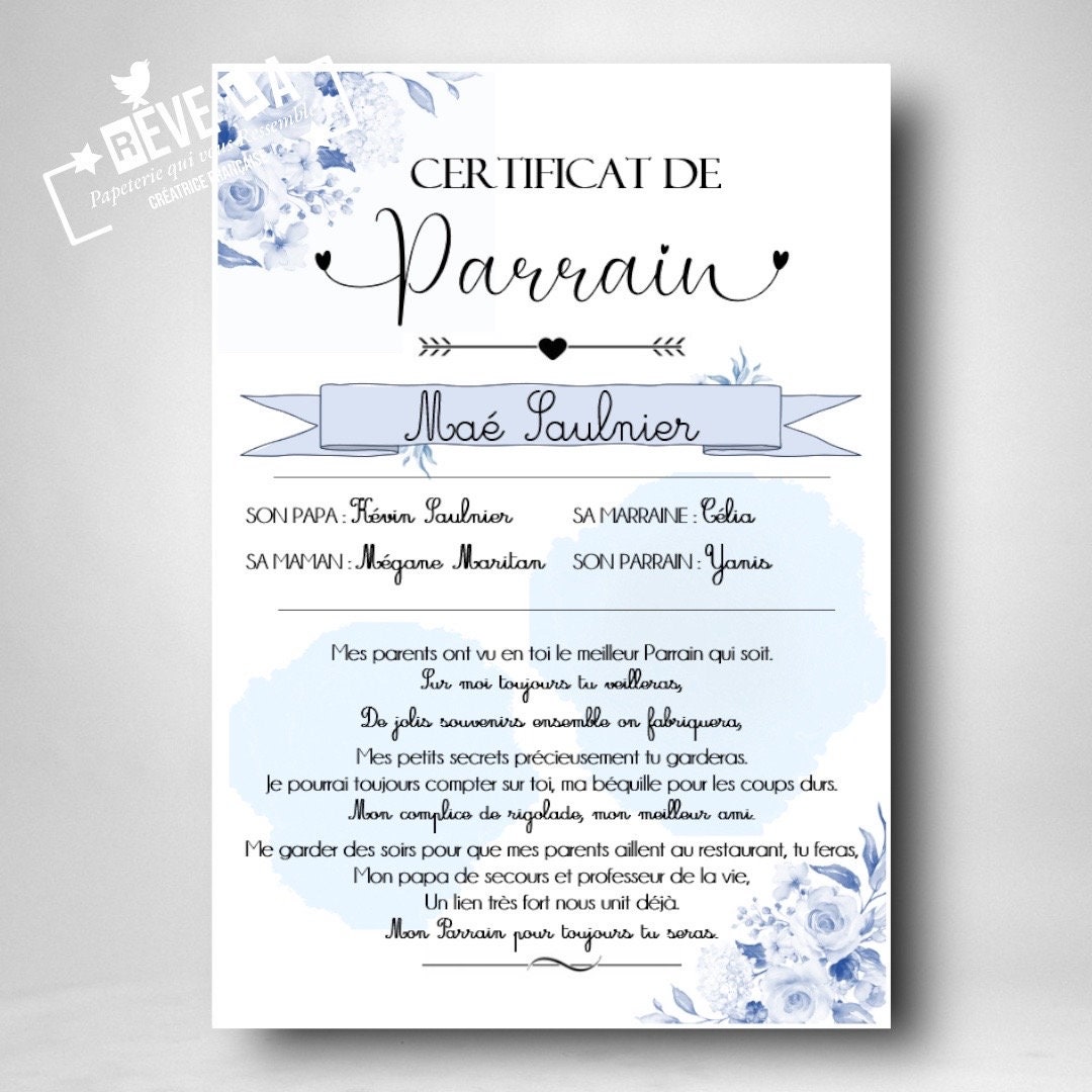 Certificat de Parrain ou Marraine - Etsy France