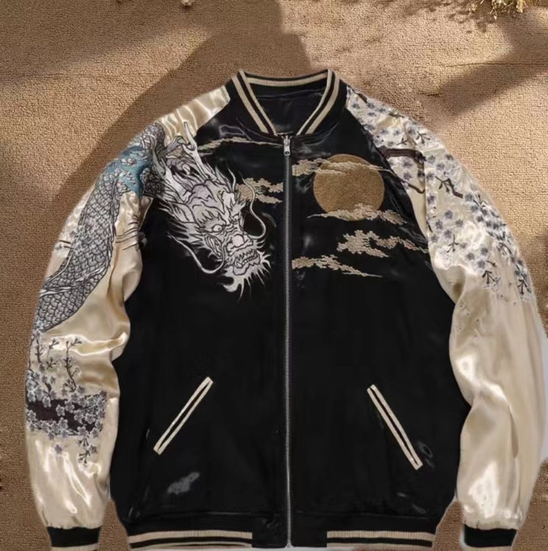 Dragon Embroidered Jacket Men Bomber Jacket Contrast Color - Etsy