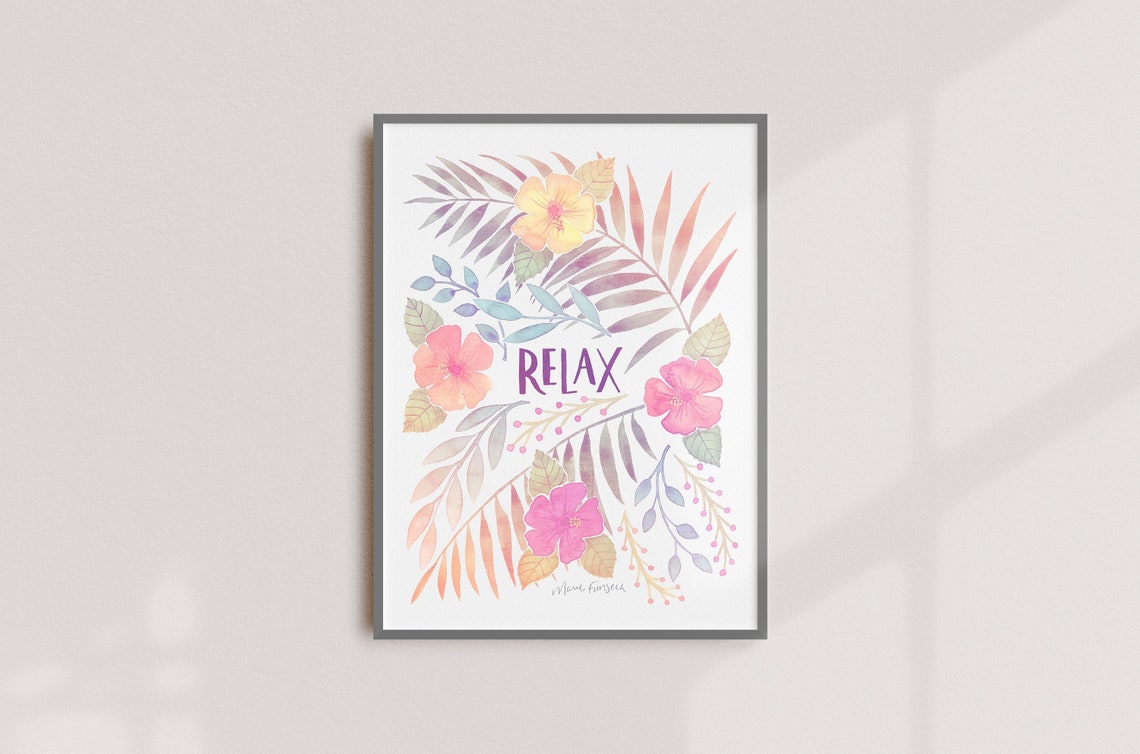 Relax Tropical Art Print Faded Pastel Watercolor Painting With Palms ...