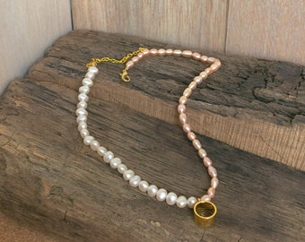 Freshwater Pearl Double Strand Necklace in Peach and Ivory - Etsy