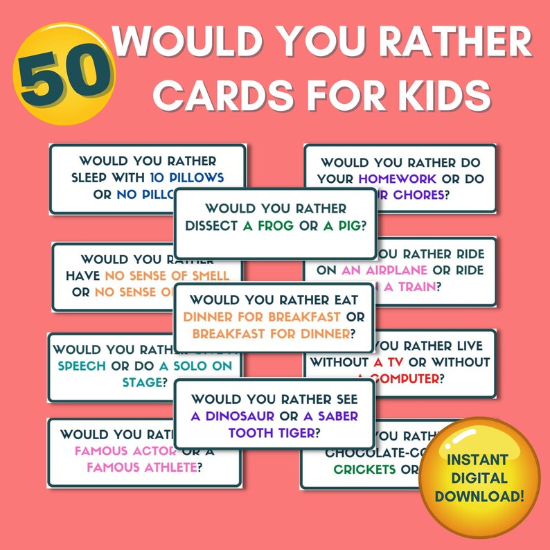 Would You Rather Conversation Cards for Kids | Questions for Kids - Etsy