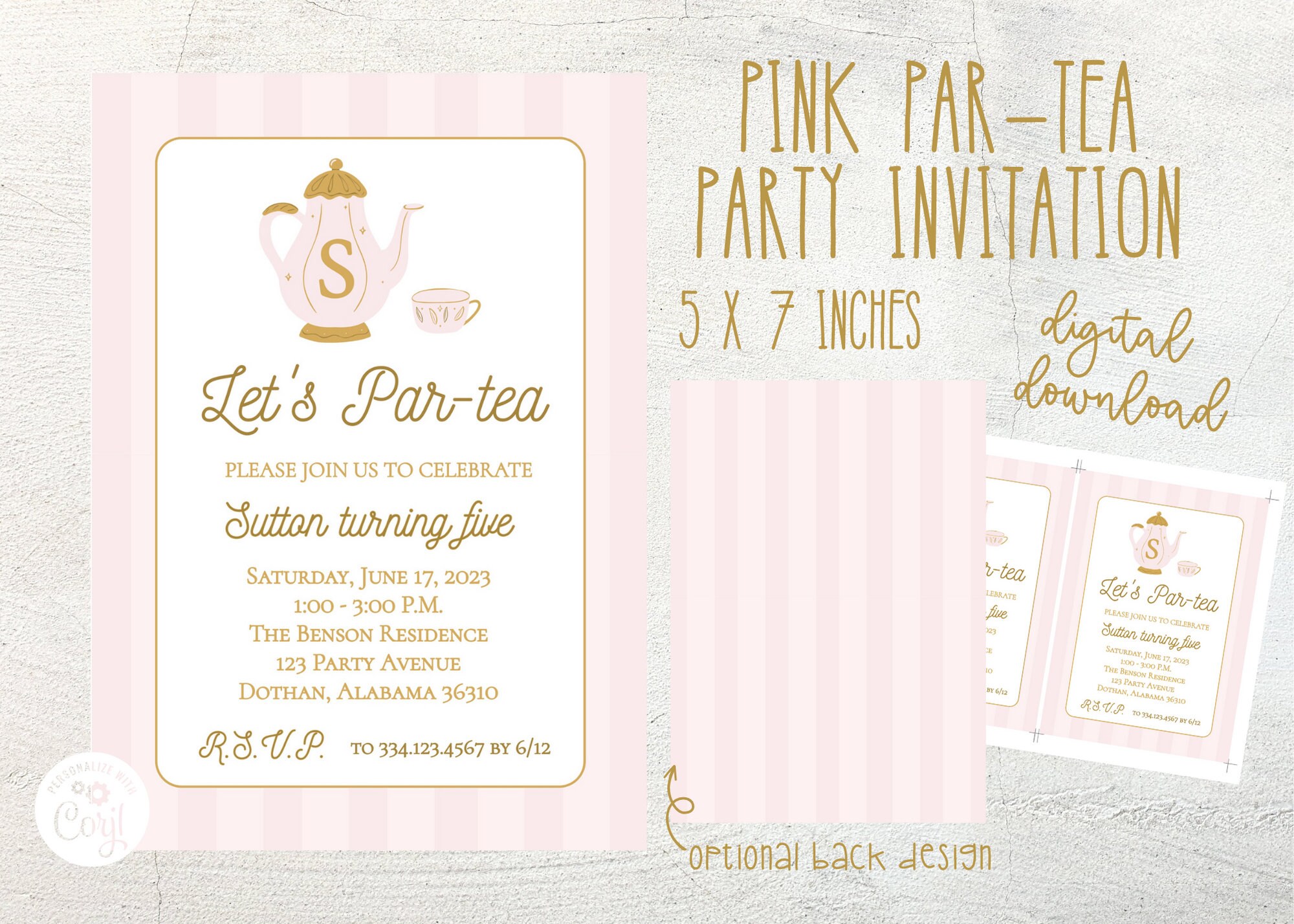Let's Par-tea | Pink Tea Party | Party Invitation | Editable Instant ...