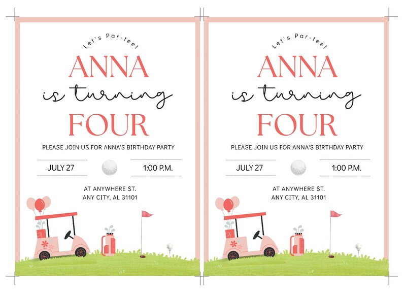 Let's Par-tee | Pink Girl Golf | Party Invitation and Thank You Tag ...