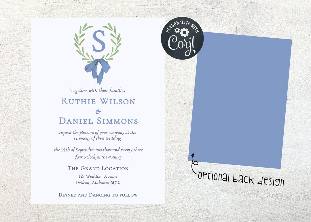 Blue Ribbon Wreath Wedding Invitation Grand Millennial Invitation ...