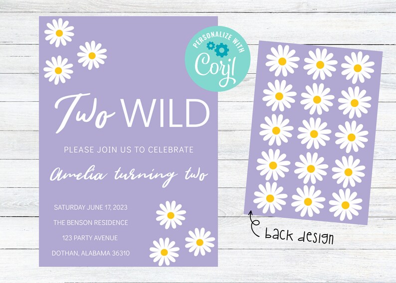 Two Wild Daisy Purple Birthday Party Invitation Editable Instant ...