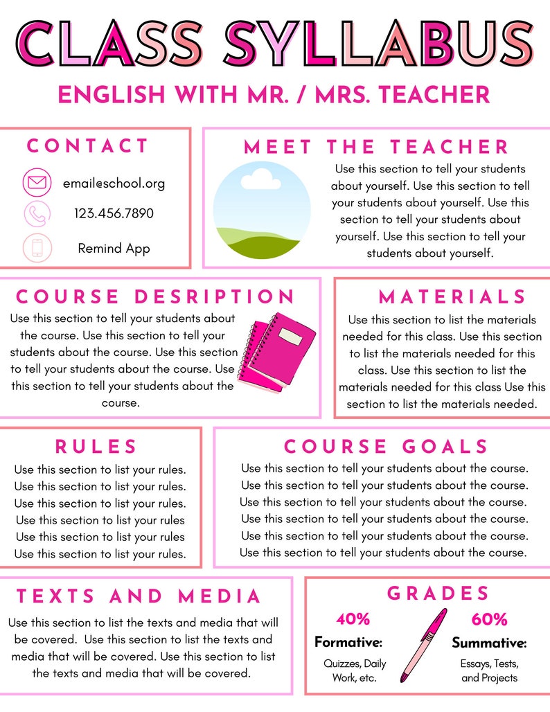 Tickled Pink | Class Syllabus | Teaching | Editable Canva Template - Etsy