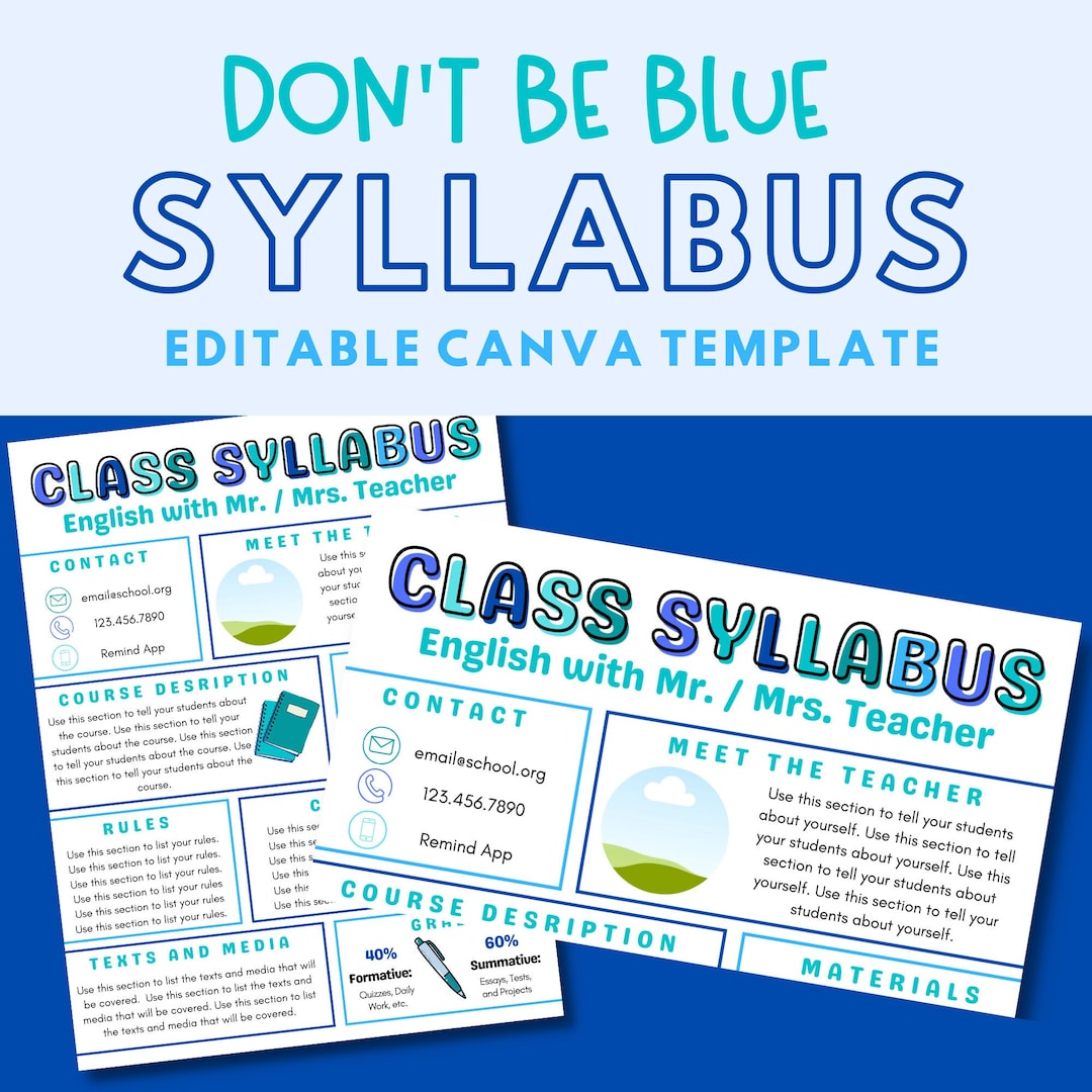 Don't Be Blue | Teacher Class Syllabus | Editable Canva Template - Etsy