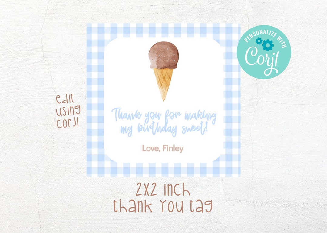 Here's the Scoop Blue Gingham Ice Cream Birthday Party Thank You Tag ...