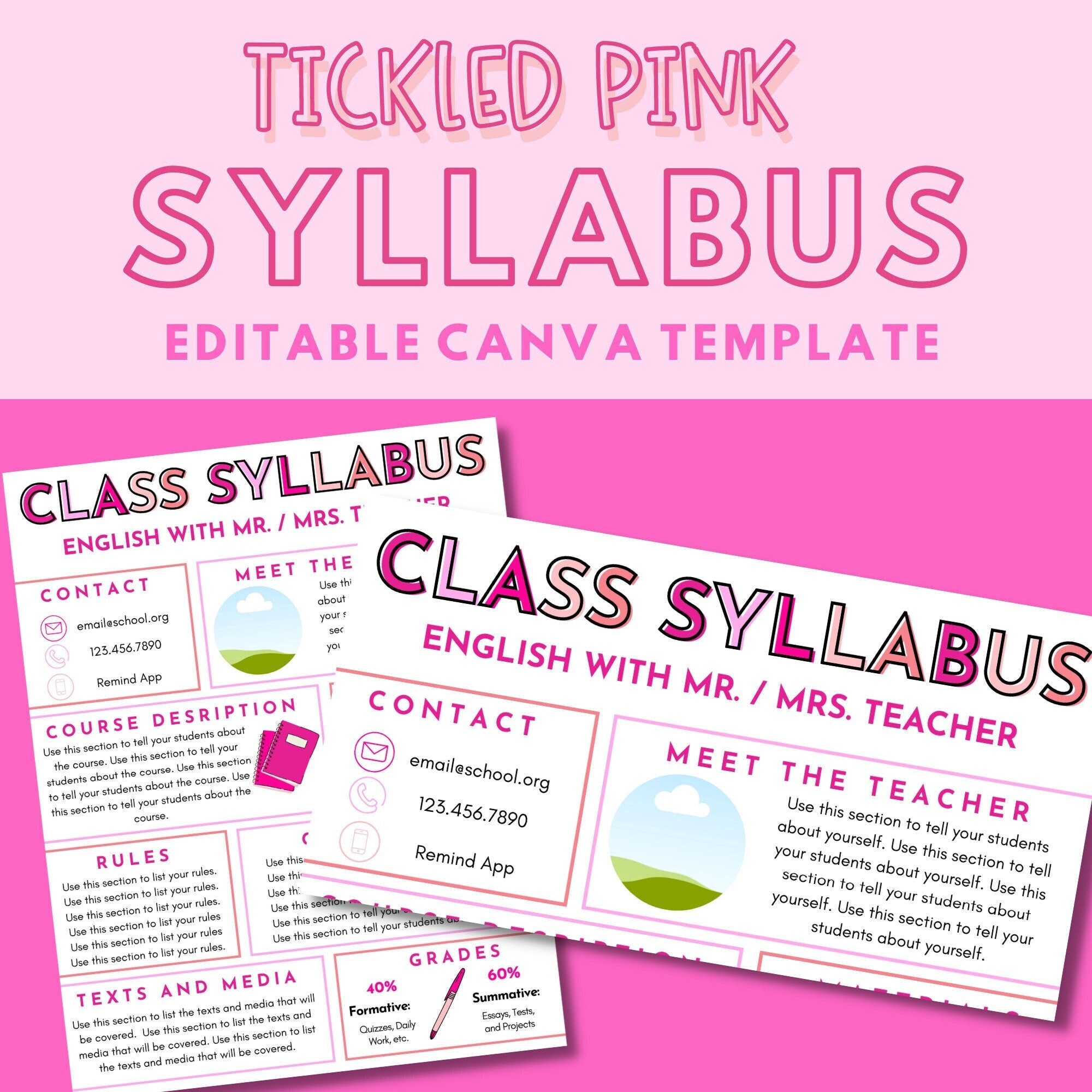 Tickled Pink | Class Syllabus | Teaching | Editable Canva Template - Etsy