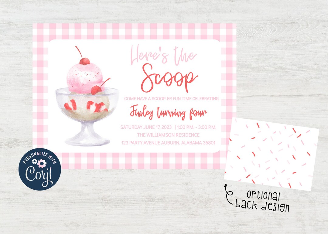 Here's the Scoop | Pink Gingham | Ice Cream | Birthday Party Invitation ...