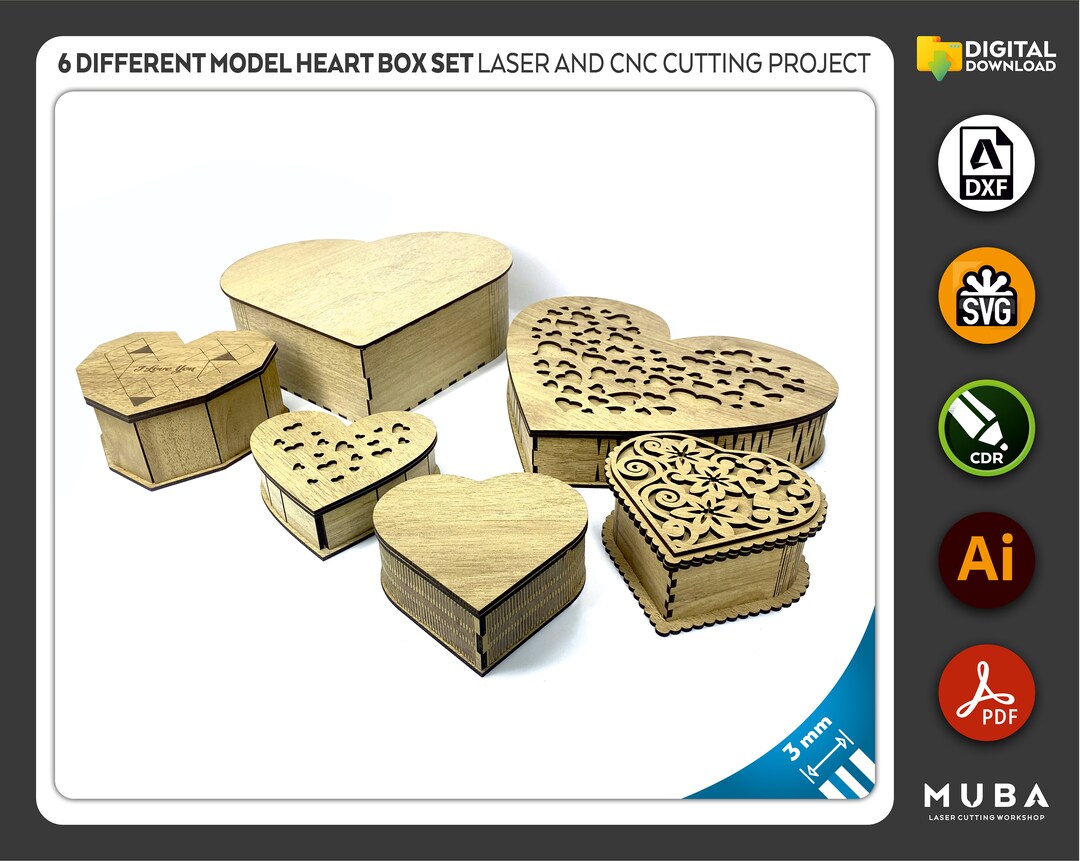 6 Model Heart Box Set, Jewellery Box Dxf, Gift Box Svg, Valentines Day ...