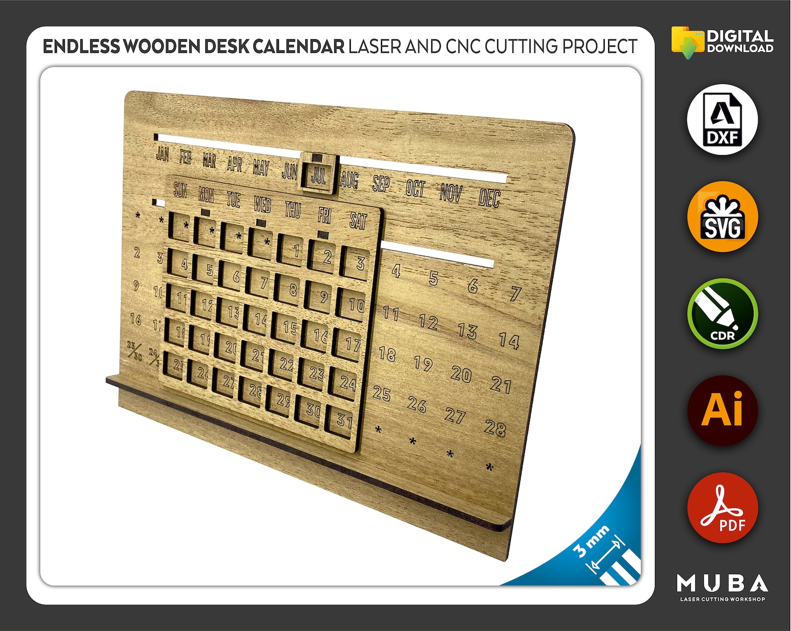 CALENDAR Laser Cut Files Perpetual Calendar Vector Cnc Cut - Etsy