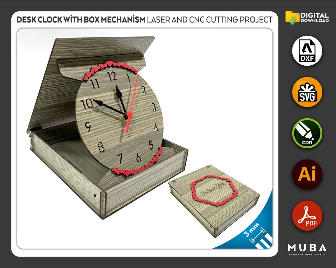 Wooden Desk Clock With Mechanism Box, Laser Cut File, CNC Files, Dxf ...