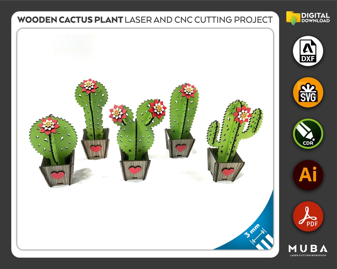 Wooden Cactus Plant, Cactus Model, Laser Cut File, CNC Files, Dxf, Svg ...
