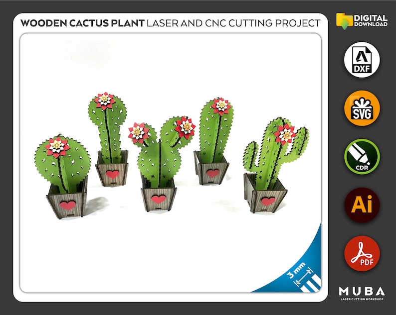 Wooden Cactus Plant, Cactus Model, Laser Cut File, CNC Files, Dxf, Svg ...
