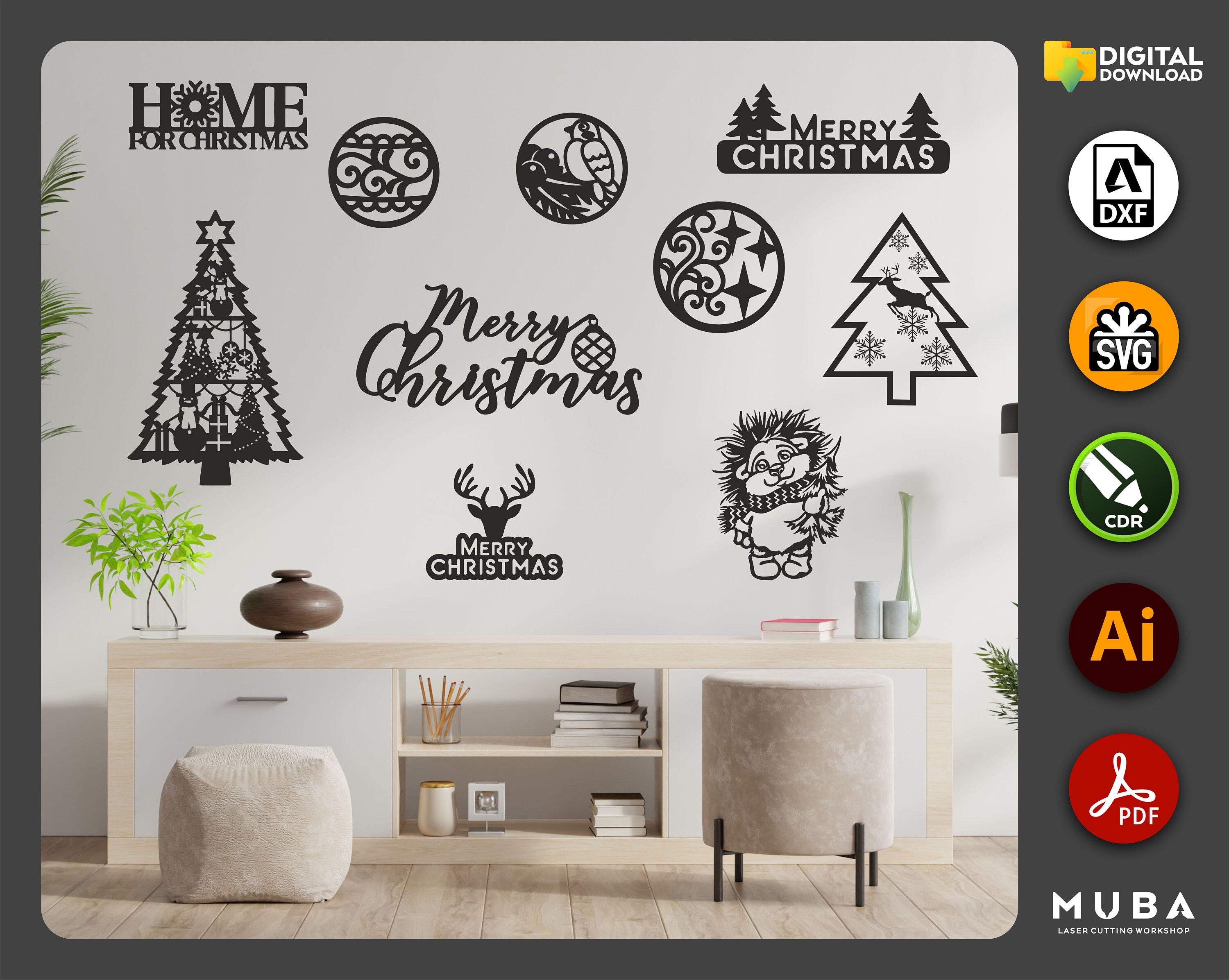 32 Pcs Christmas Ornament SVG, Christmas Wall Decorations, Laser Cut ...