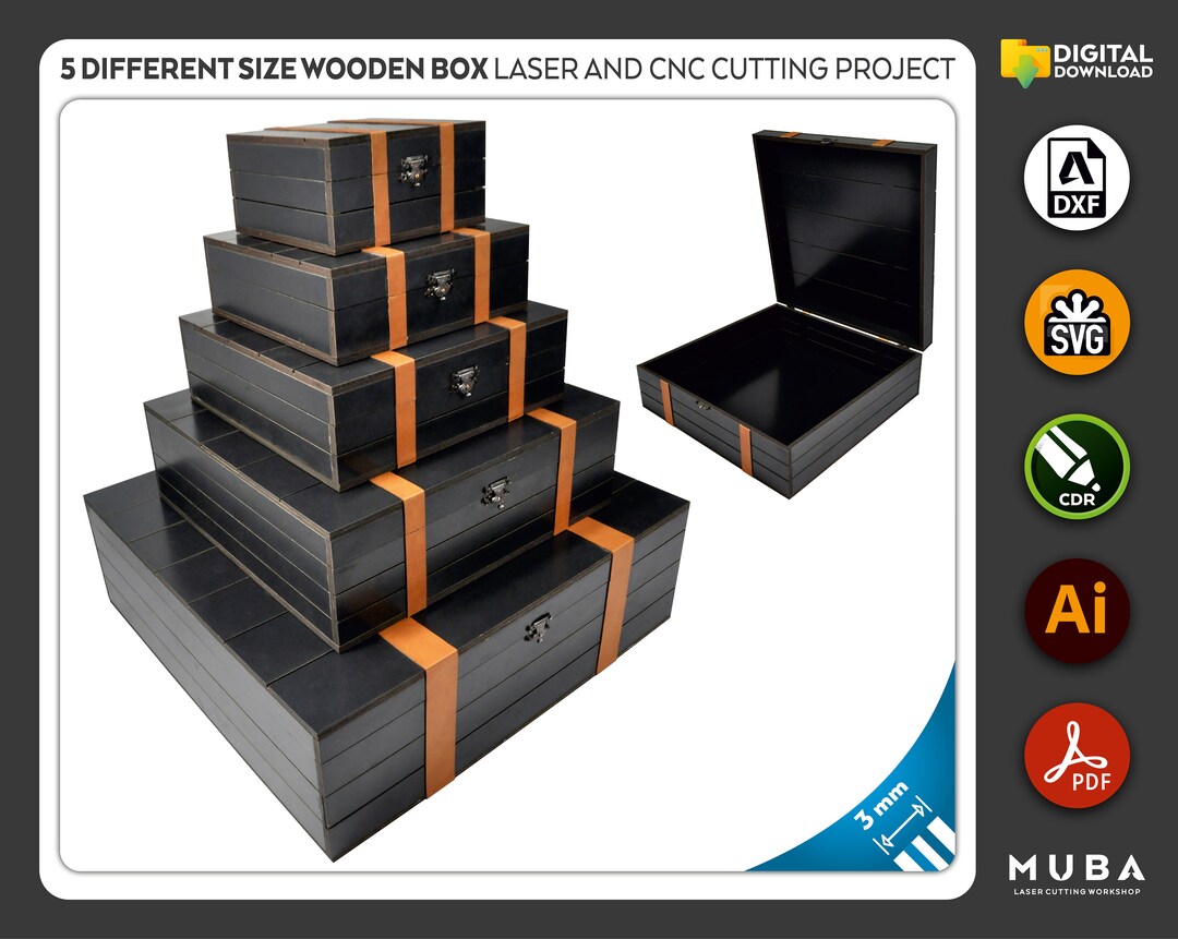 5 Pcs Sizes Wooden Box, Jewellery Box Gift, Laser Cut File, CNC Files ...