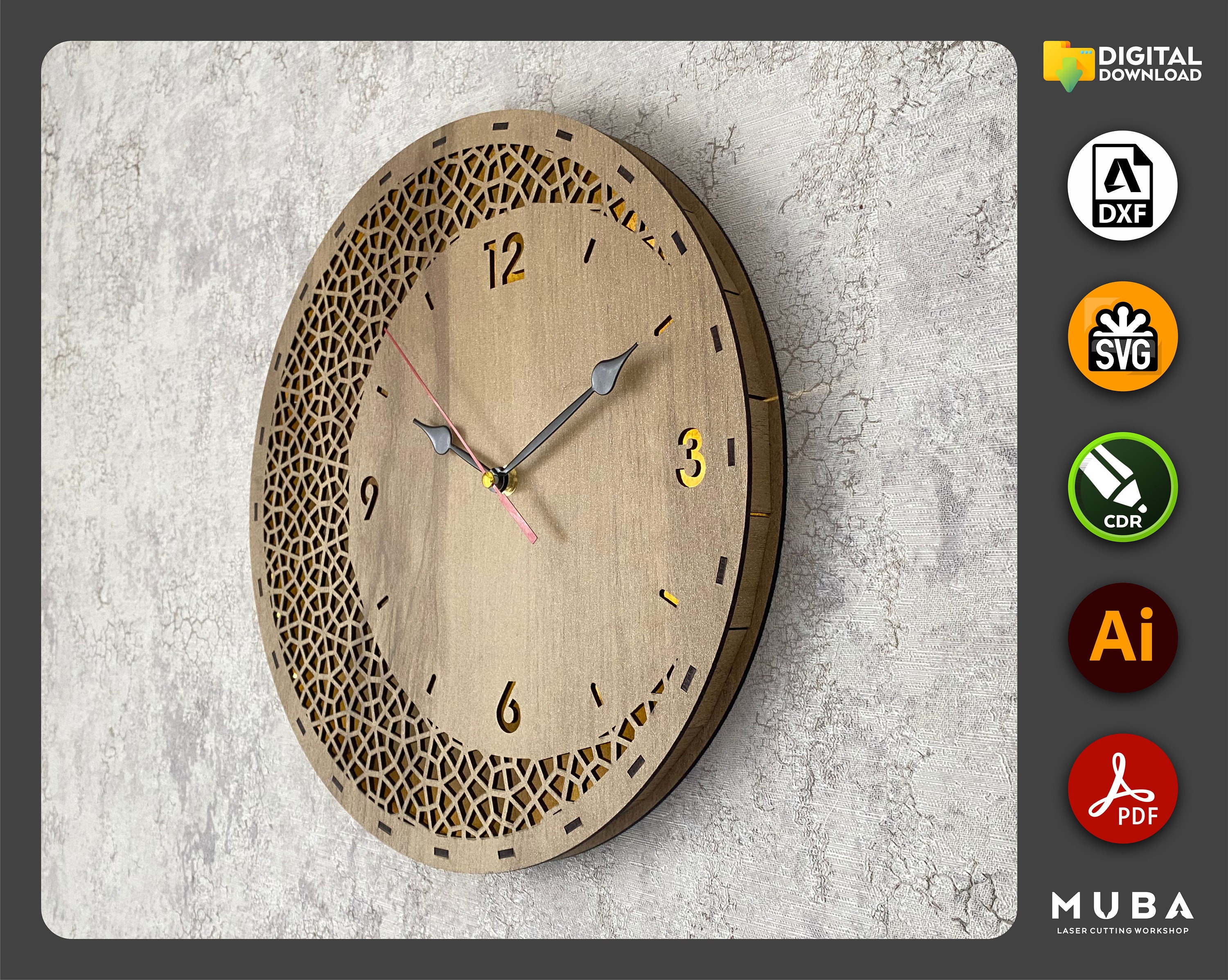 3 Sizes Wall Clock SVG, Watch Models, Wall Decor Clocks, DXF Files ...