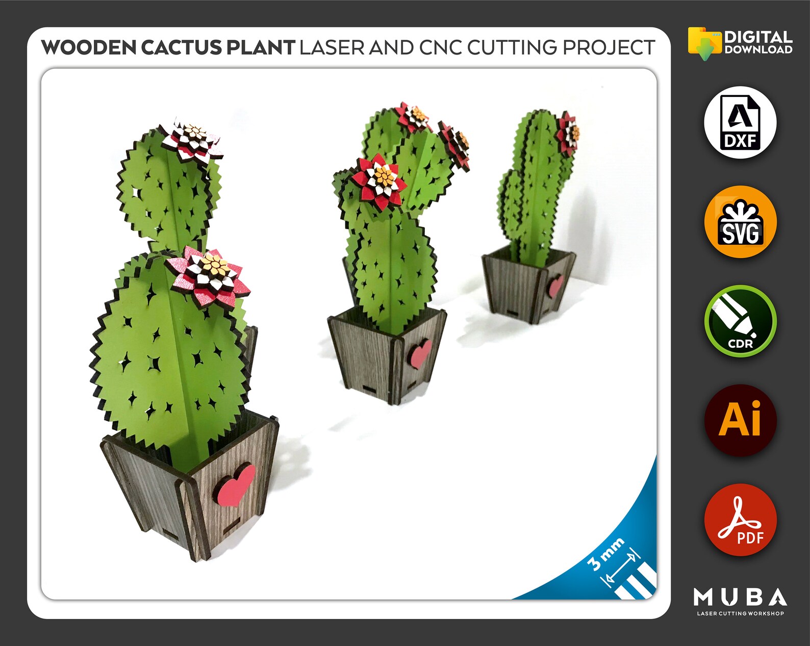 Wooden Cactus Plant, Cactus Model, Laser Cut File, CNC Files, Dxf, Svg ...