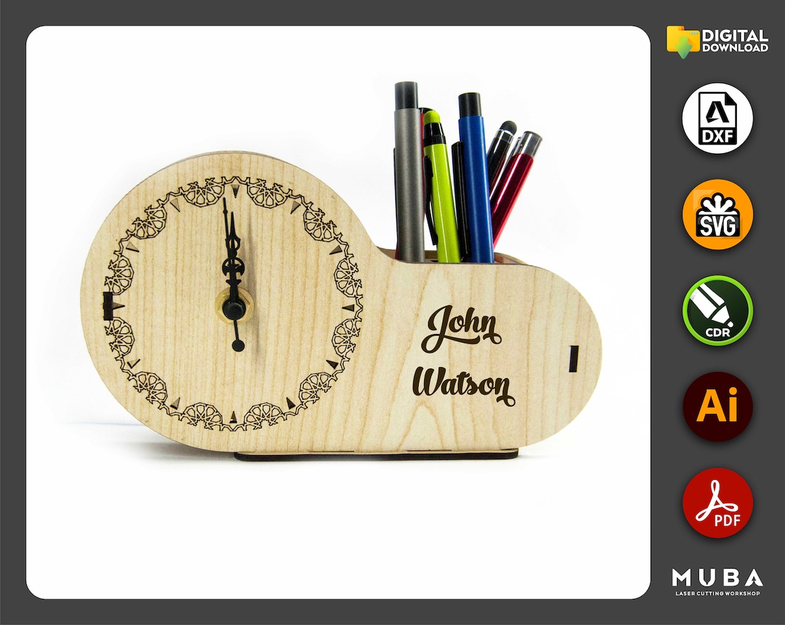 Pen Holder With Clock, Office Product, Co-worker Gift, 3mm, CNC Files ...