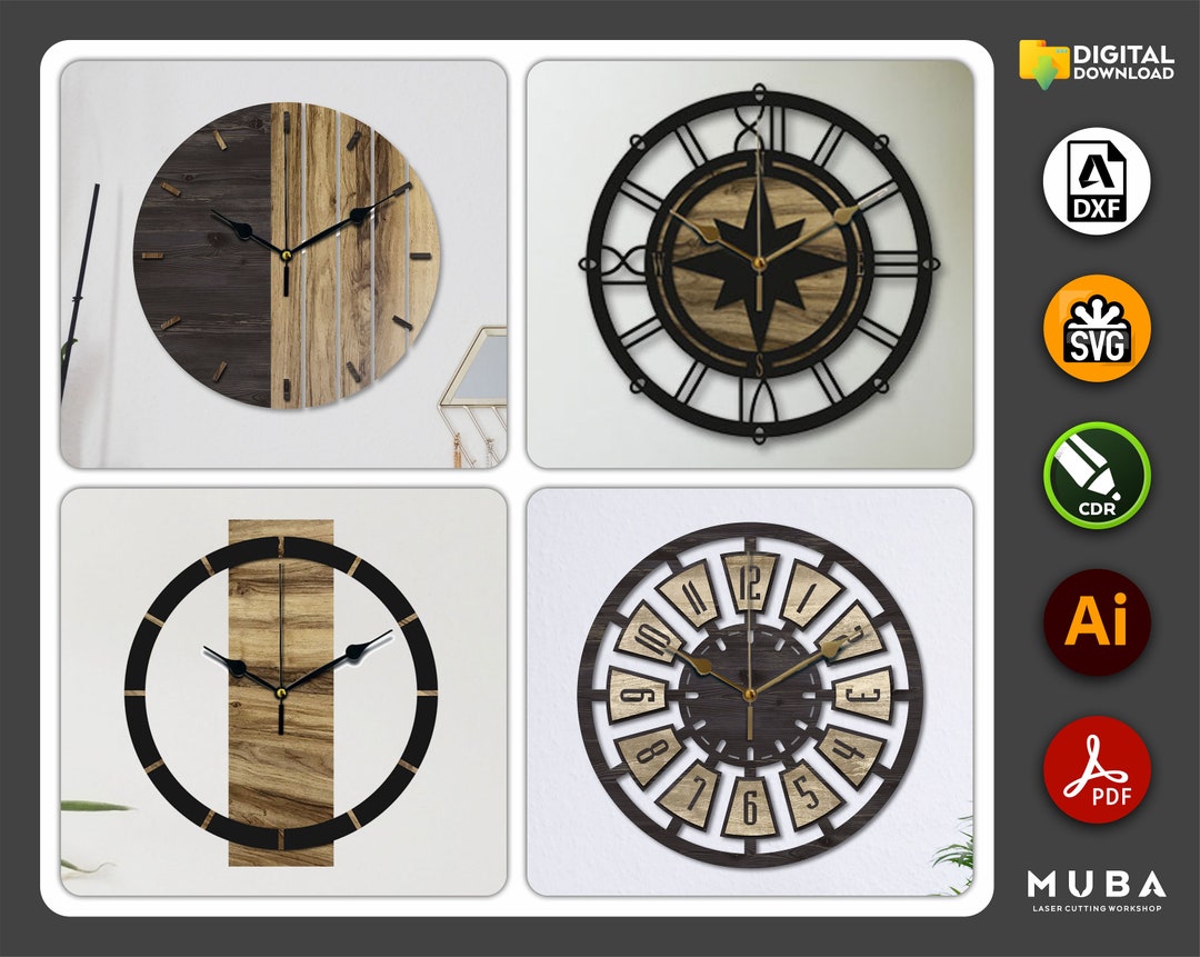 36 Wall Clock SVG, Watch Models, Wall Decor Clocks, DXF Files for Laser ...