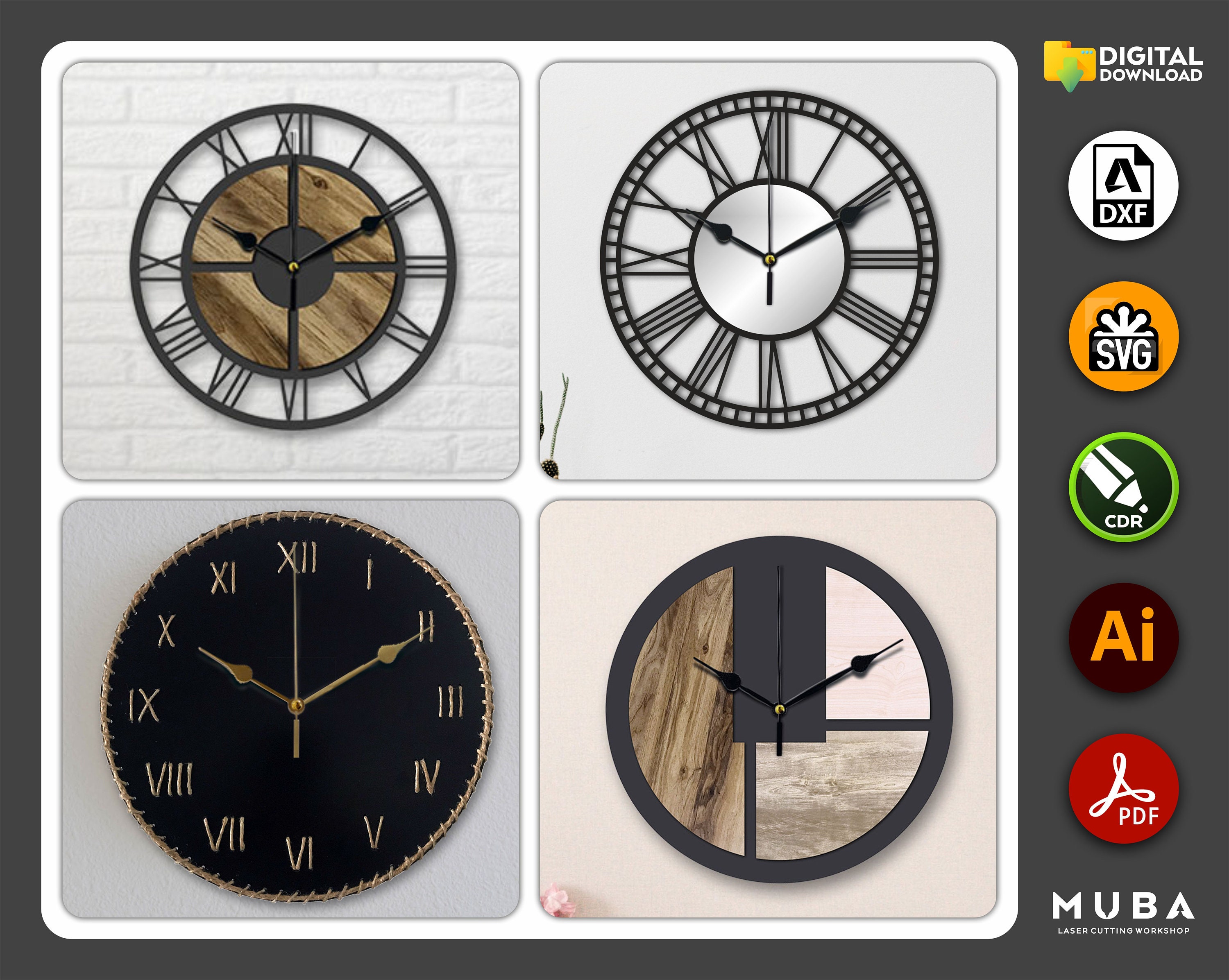 36 Wall Clock SVG, Watch Models, Wall Decor Clocks, DXF Files for Laser ...