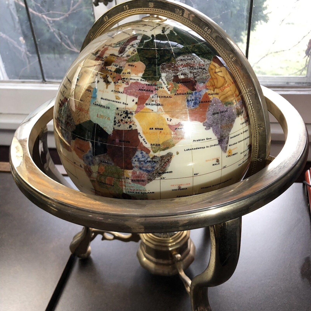 Rare Alexander Kalifano Gemstone Globe 27.5” Circumference 39” Cir Brass Gimbal Compass | Luxury ...