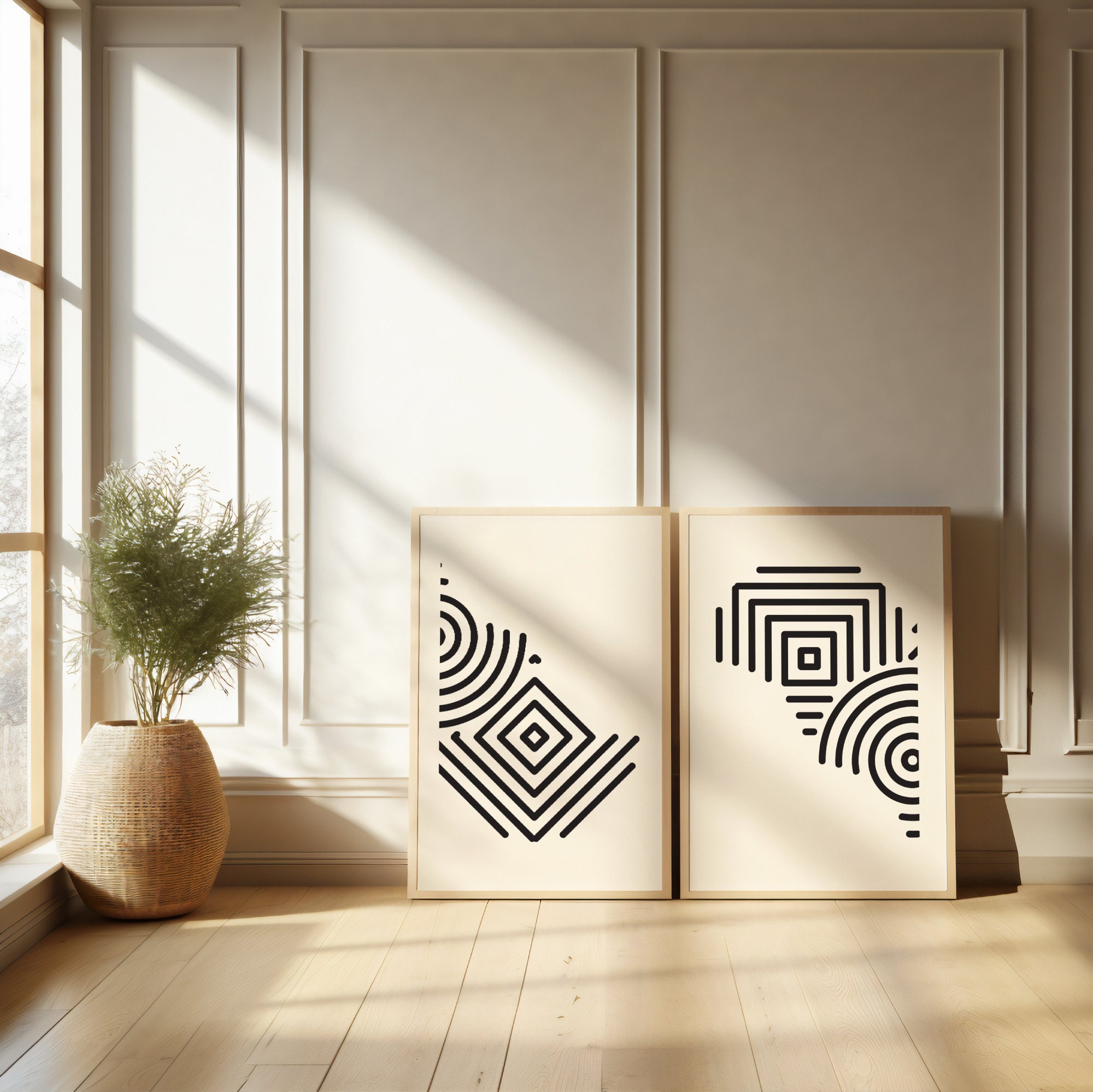 Abstract Geometric Wall Art Set of 3, Black Line Printable Decor ...