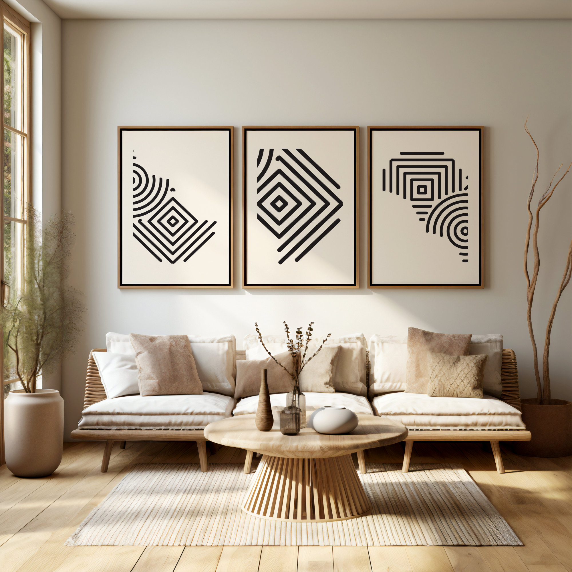Abstract Geometric Wall Art Set of 3, Black Line Printable Decor ...
