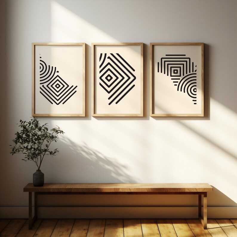 Abstract Geometric Wall Art Set of 3, Black Line Printable Decor ...