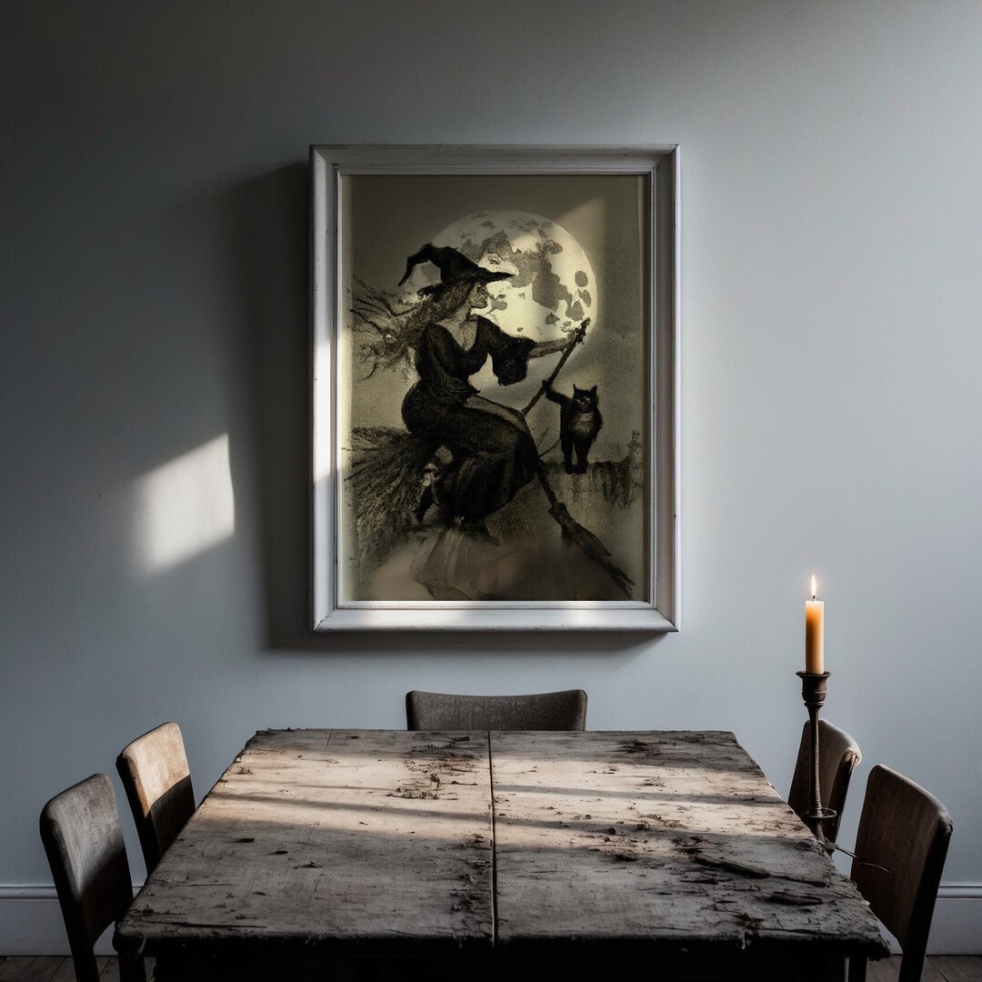 Vintage Witch Art Print Halloween Moonlit Witch With Cat Gothic Wall ...