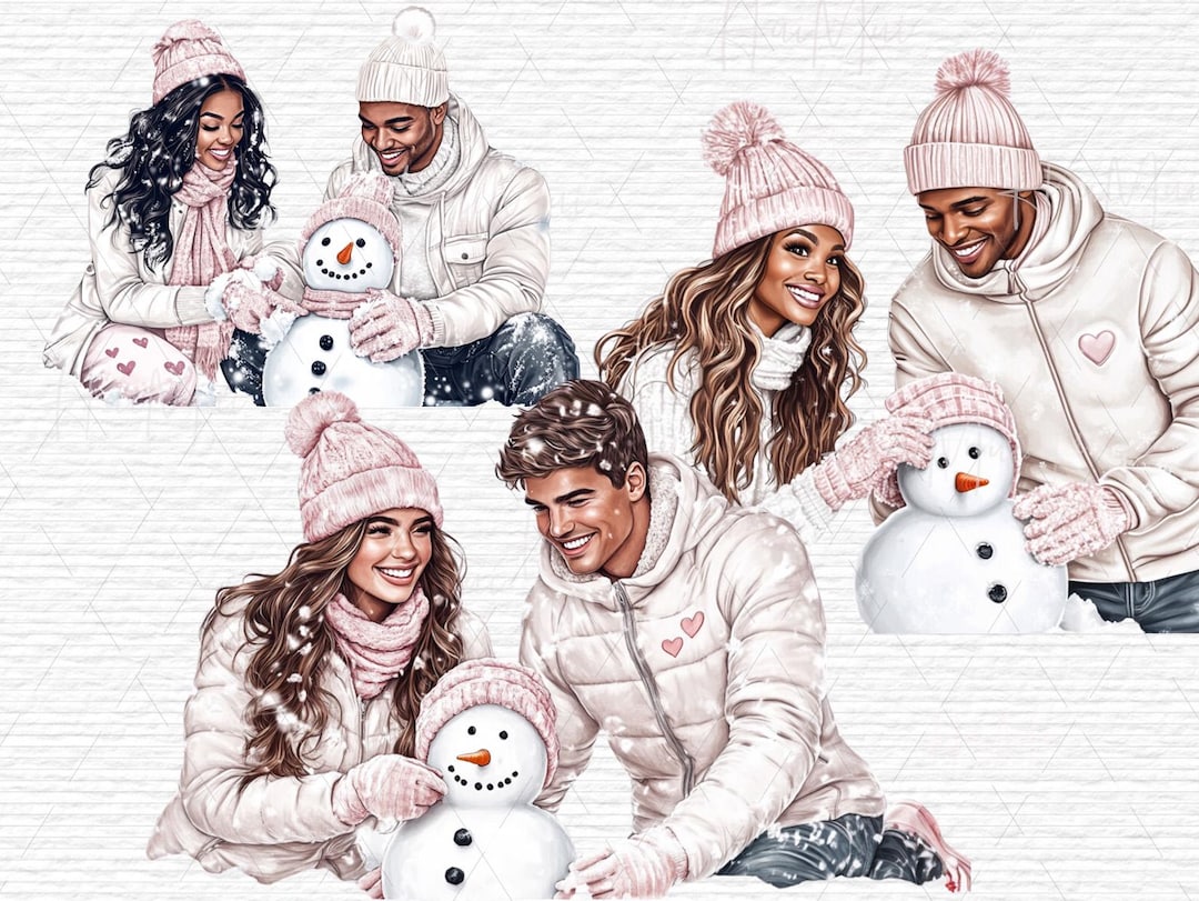 Couple Building Snowman Clipart Romantic Winter Watercolor Digital Art ...