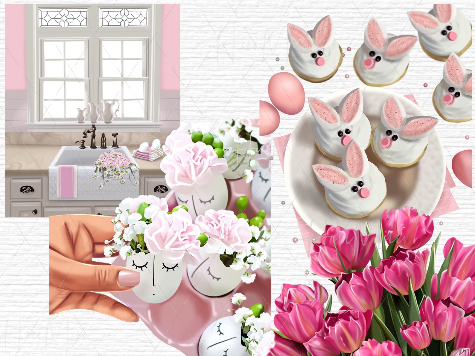 Easter Floral Clipart, Planner Clipart With Scene, Pink Tulips Clipart ...