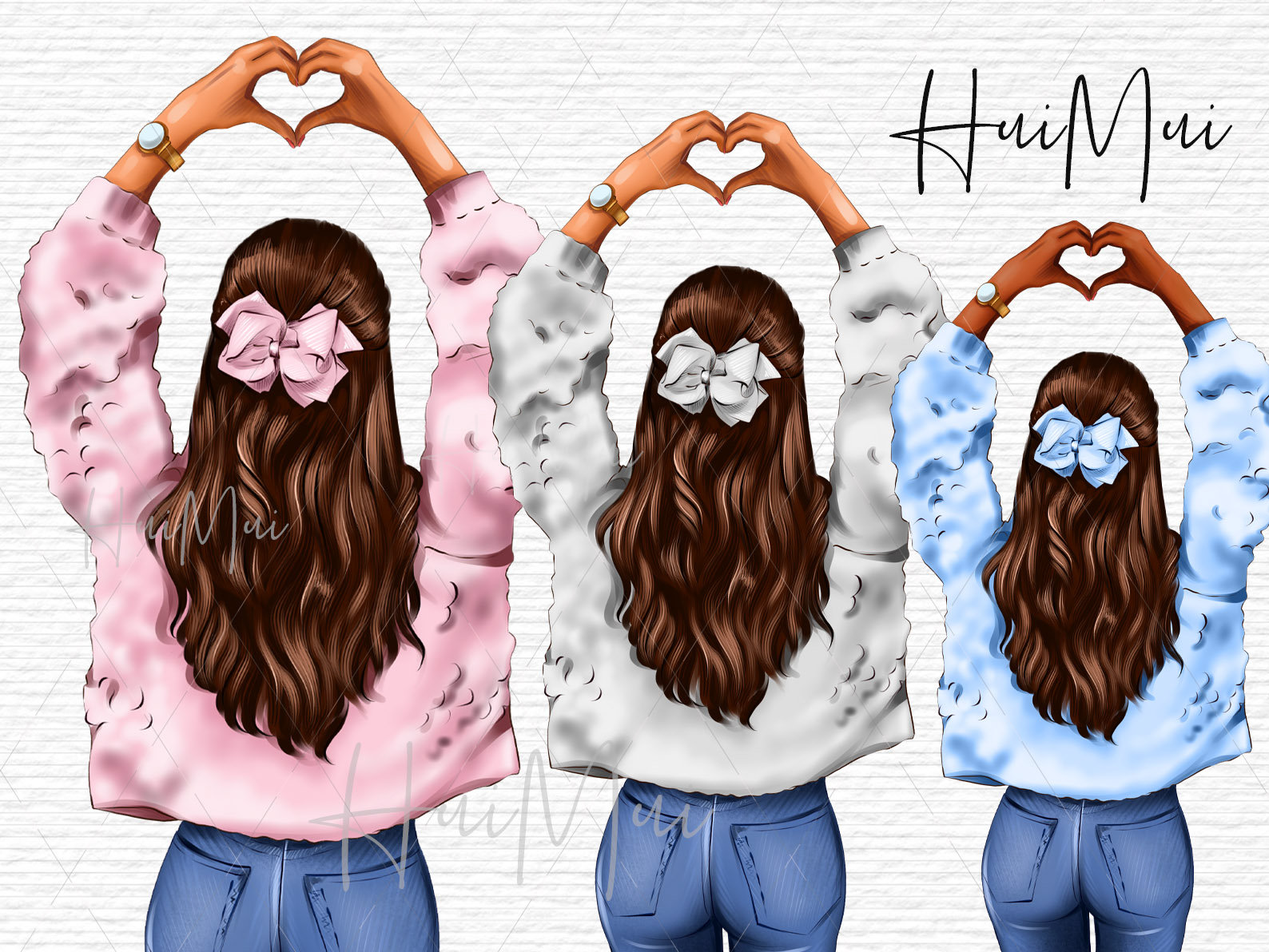 Cute Girl With Pink Blue Purple Ribbon Fashion Illustration - Etsy