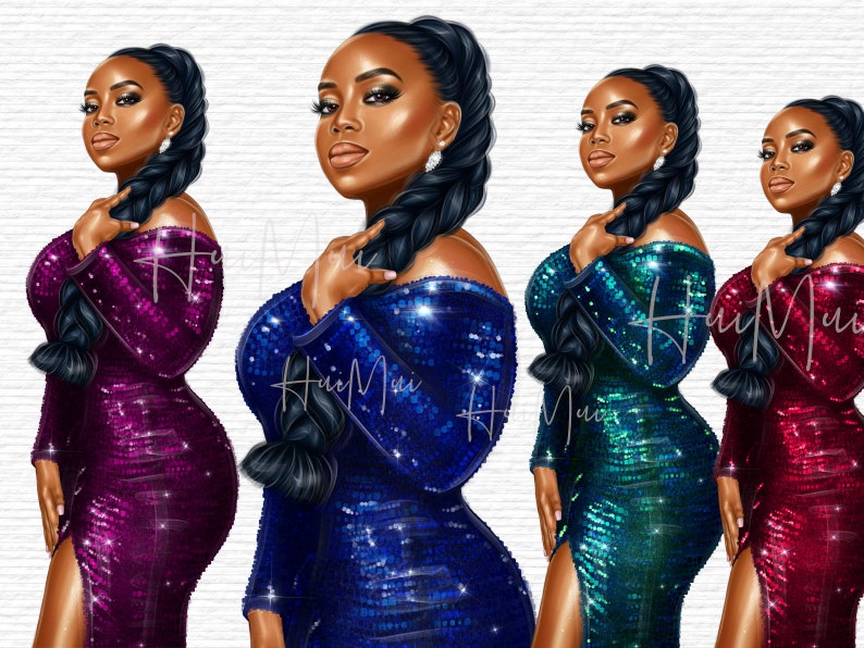 African American Evening Fashion Girl Clip Art, Long Dress With Glitter ...