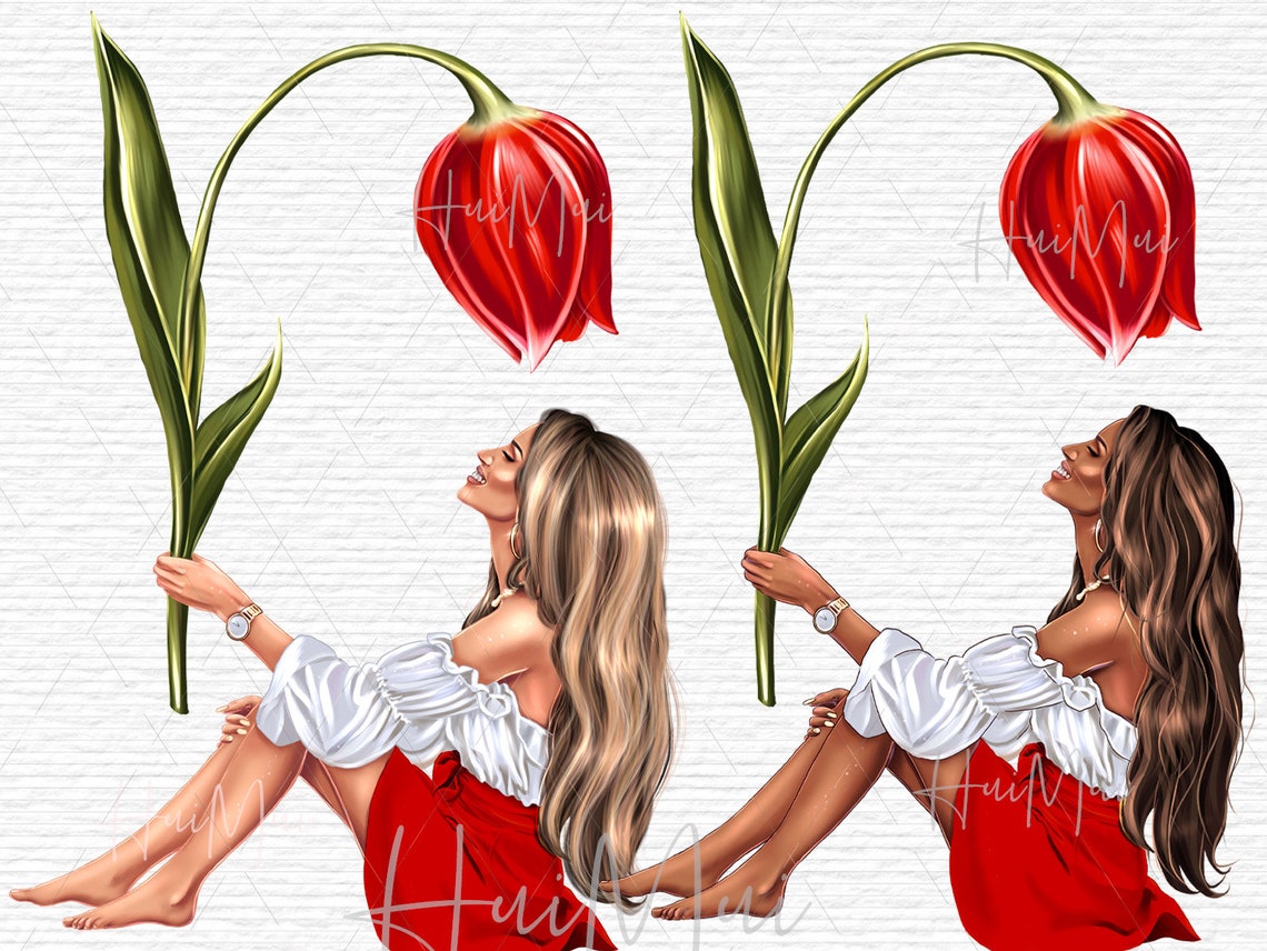 Red Tulips Clipart Cute Girl With Spring Flowers Planner - Etsy