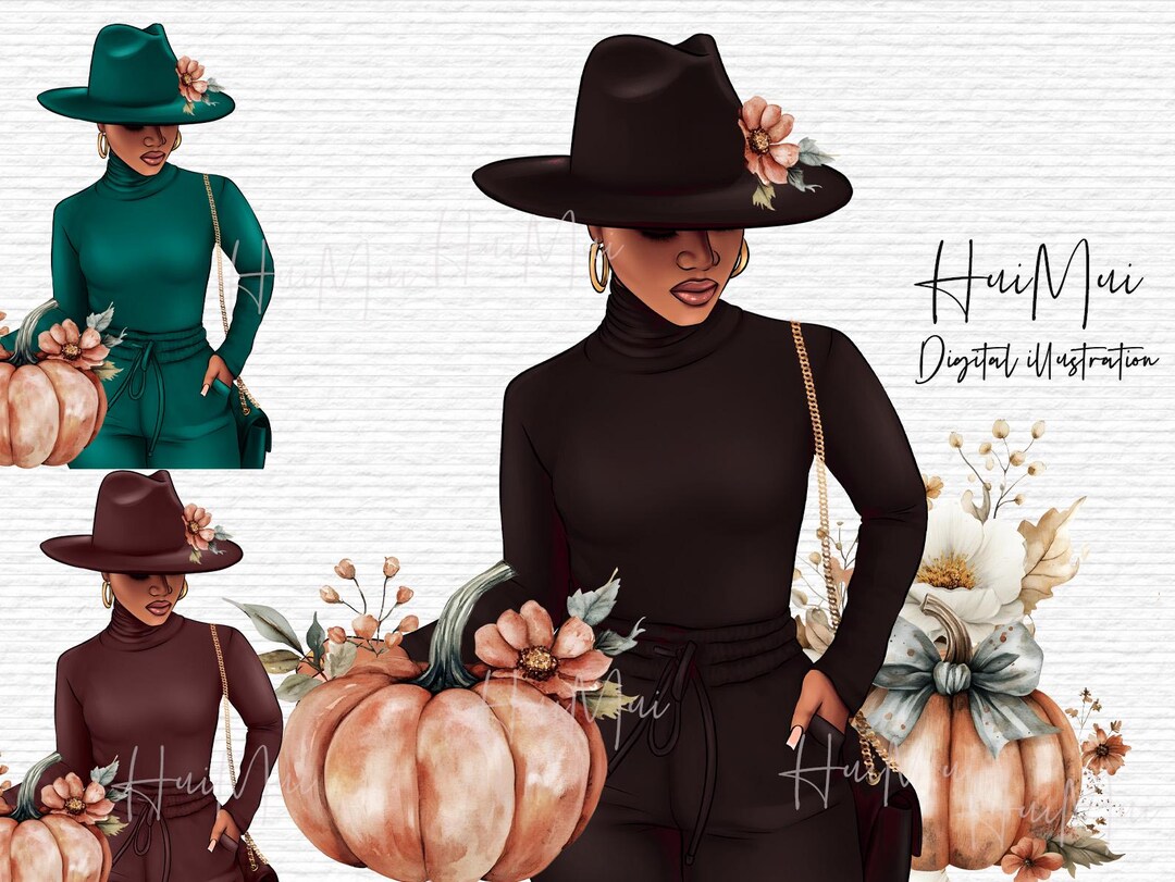 Stylish African American Fall Digital Art Afro Woman in Chic Hat and ...