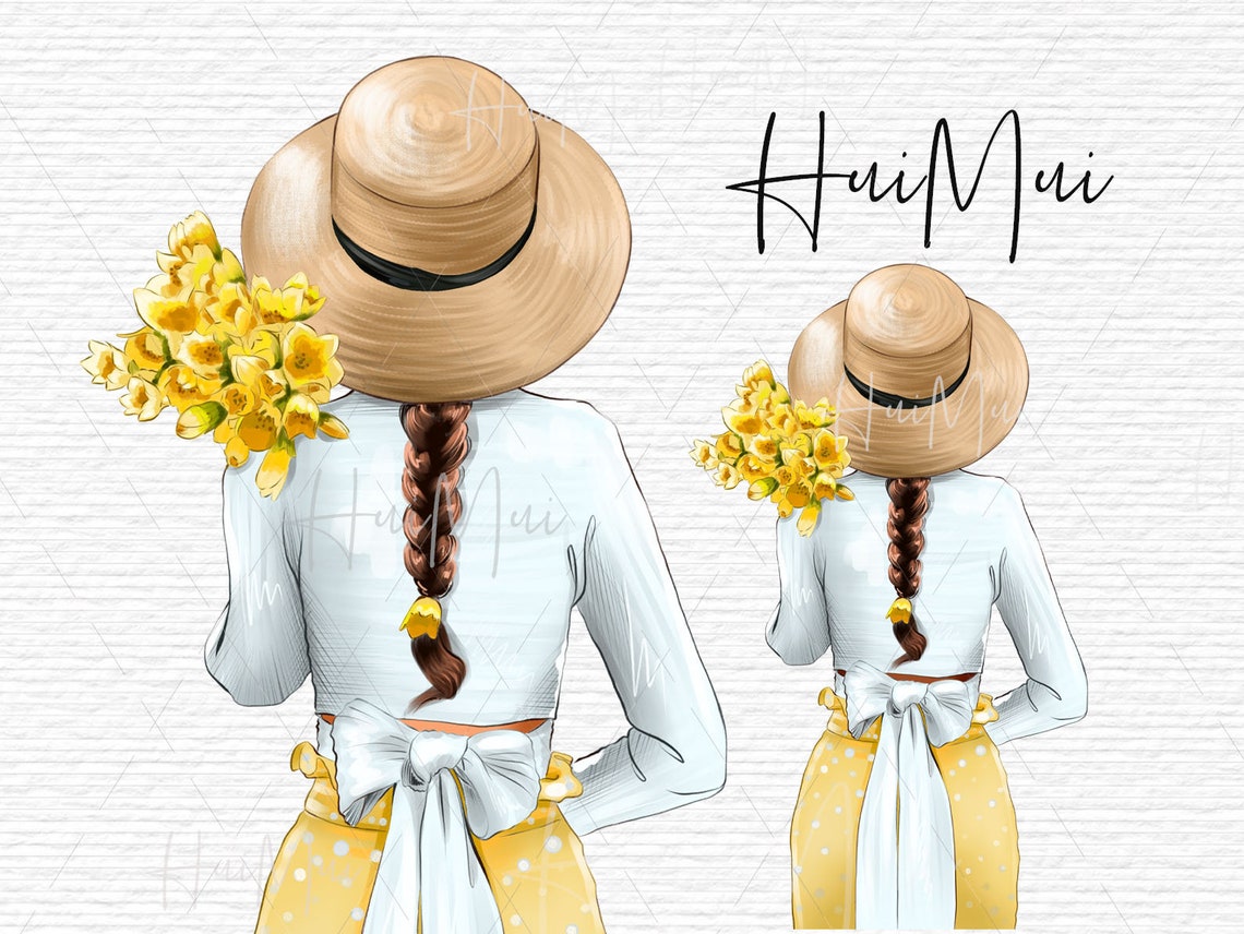 Cute Girl With Flowers Clipart Yellow Pink Watercolour - Etsy