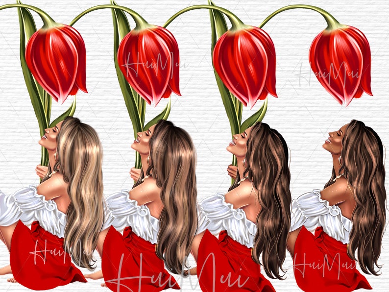 Red Tulips Clipart Cute Girl With Spring Flowers Planner - Etsy