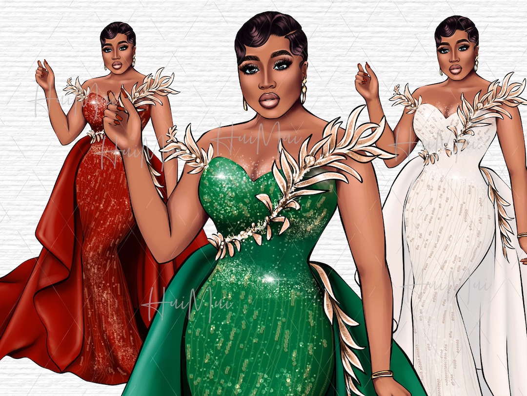 African American Evening Fashion Girl Clip Art Short Hair Long Dress ...