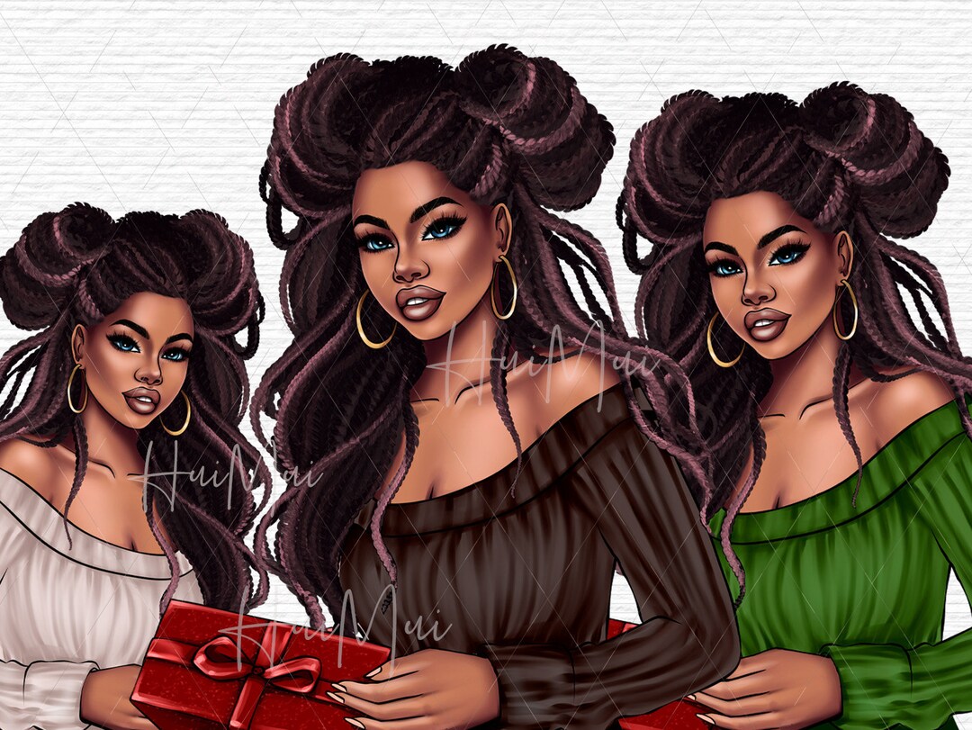 Elegant Christmas Girls Clipart Black Women Festive Gift Watercolor PNG ...