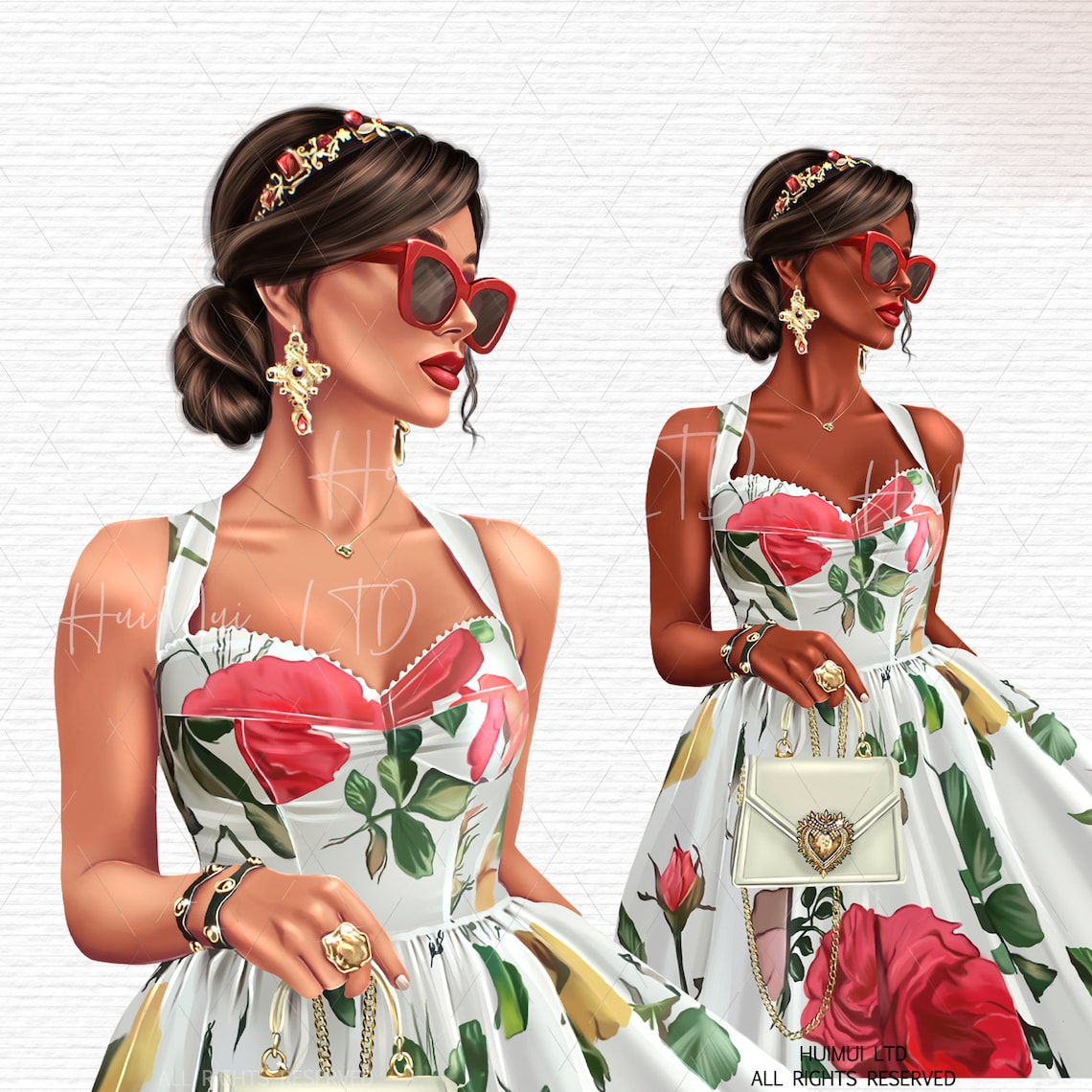 Fashion Glam Girl Clipart Floral Dress With Red Roses Planner - Etsy
