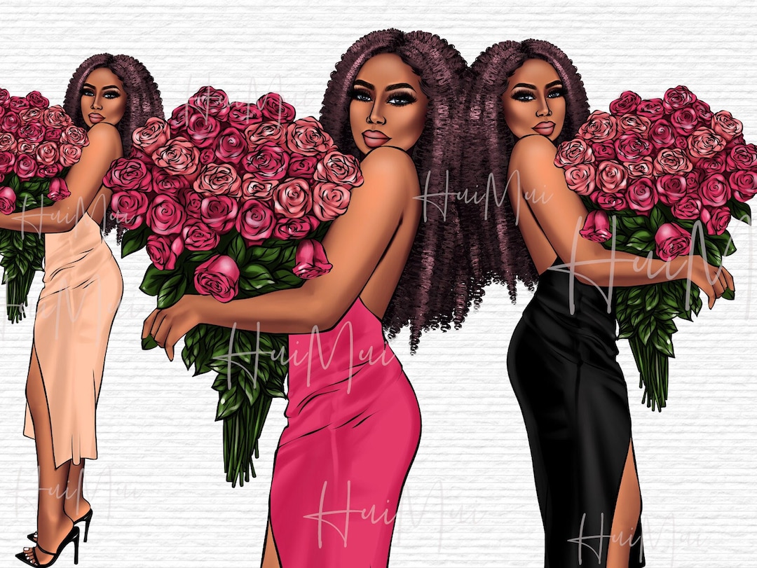 Black Girl With Flowers Clipart African American Woman Holding Pink ...