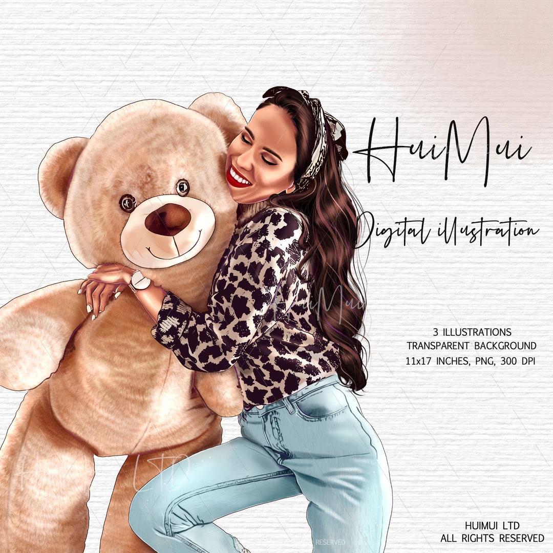 Girl With Teddy Bear Digital Illustration, Cute Planner Clipart, PNG ...