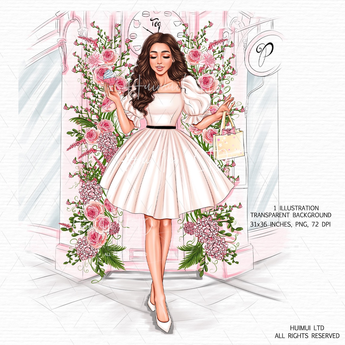 Fashion Girl Clipart, Pink Flowers Dress Clipart, Fashion Illustration ...