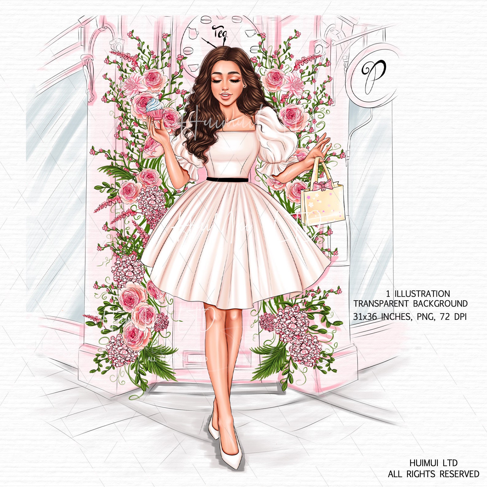 Fashion Girl Clipart, Pink Flowers Dress Clipart, Fashion Illustration ...