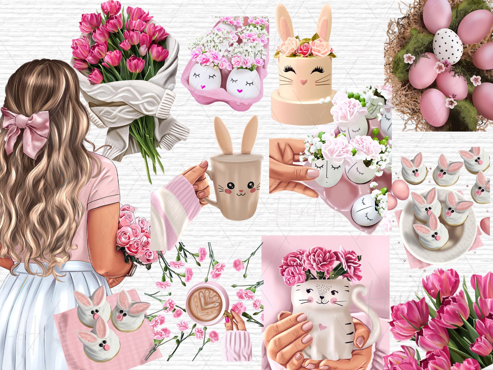 Easter Floral Clipart, Planner Clipart With Scene, Pink Tulips Clipart ...