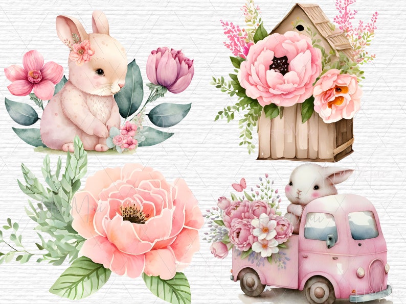 Spring Bunnies Watercolor Animals and Pink Floral Clipart - Etsy