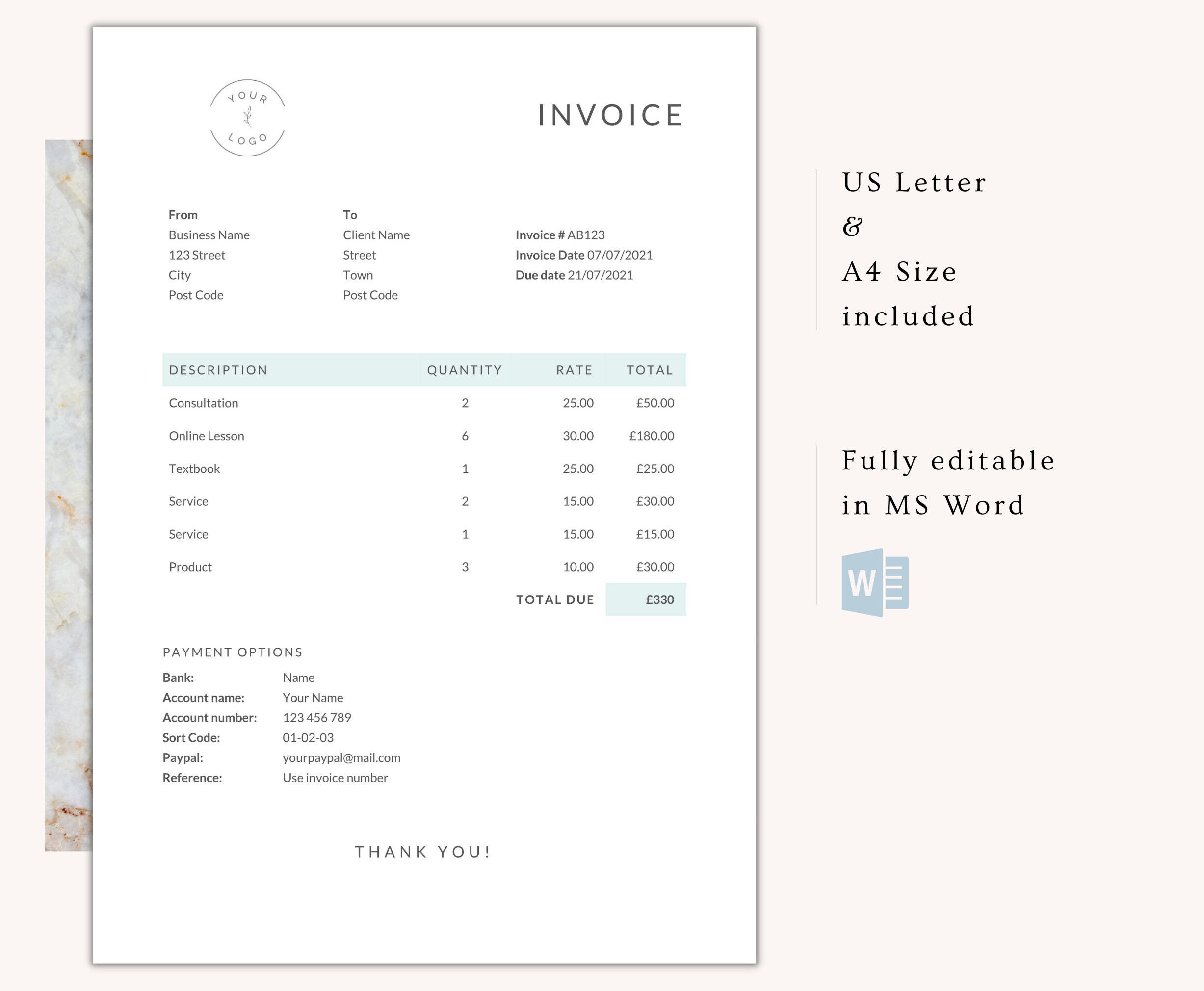 Invoice Template Word / Blue Billing Form / Editable / Instant Download ...